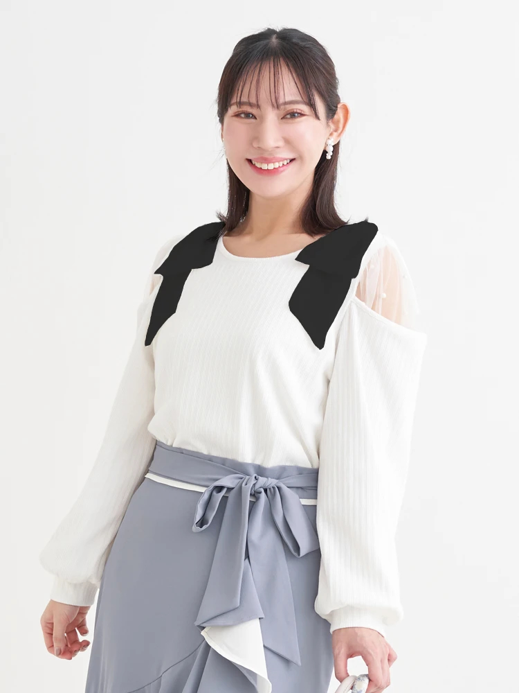 肩チュールシアーパール付きリボントップス（大きいサイズ・ぽっちゃり女子向け｜カットソー・Tシャツ｜アイボリー・青・黒）｜【公式】大きいサイズ ...